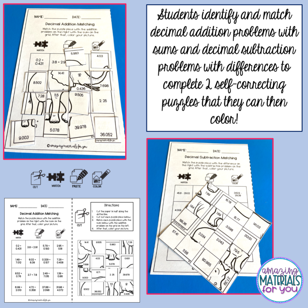 Decimal Addition and Subtraction Puzzles, Mazes, Task Cards | Made By ...