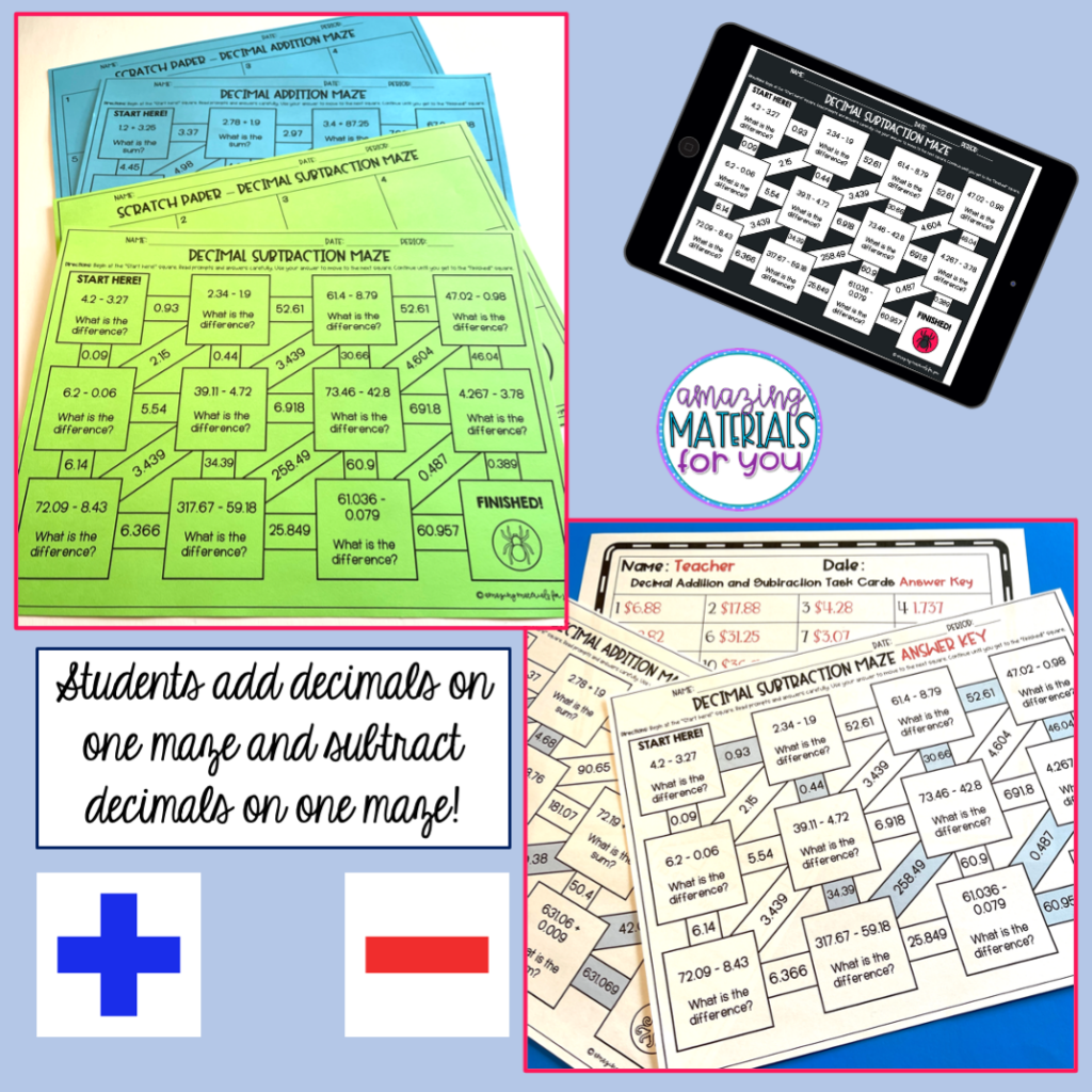 Decimal Addition and Subtraction Puzzles, Mazes, Task Cards | Made By ...