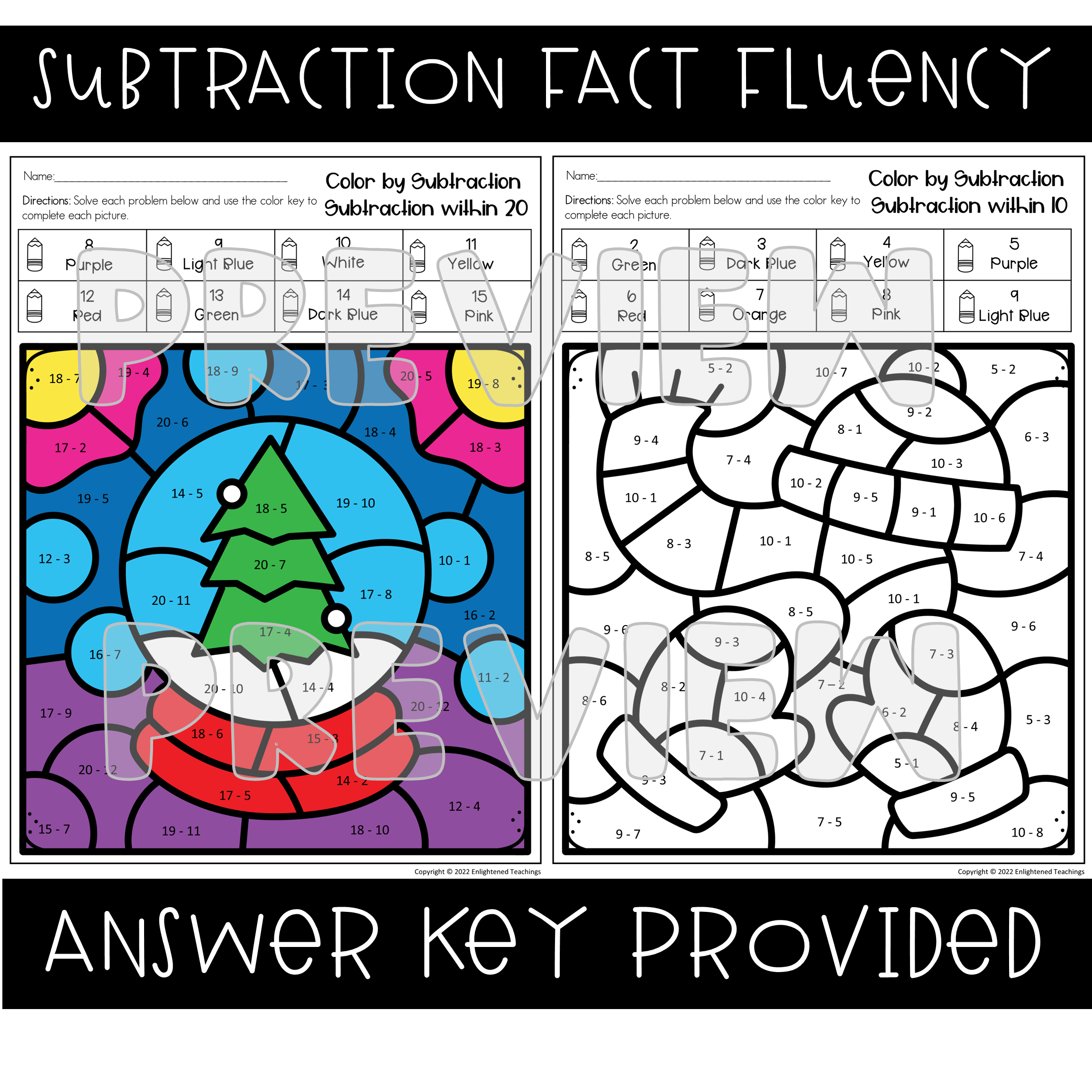 Winter Subtraction to 20 Color by Code Number NO PREP Coloring ...