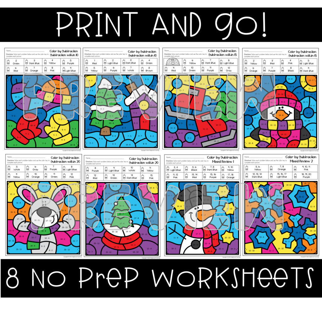 Winter Subtraction to 20 Color by Code Number NO PREP Coloring ...