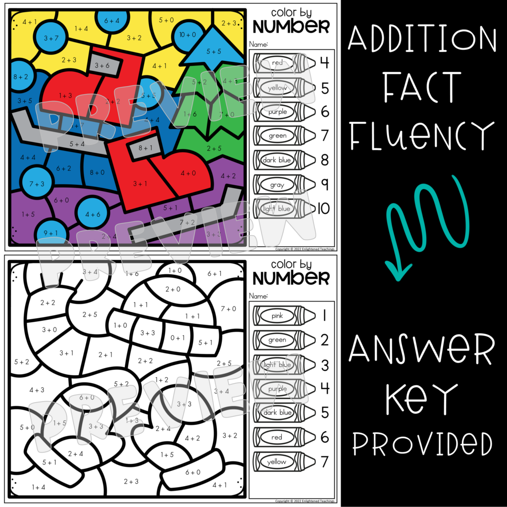 Winter Addition to 10 Color by Code Number NO PREP Coloring Worksheets ...
