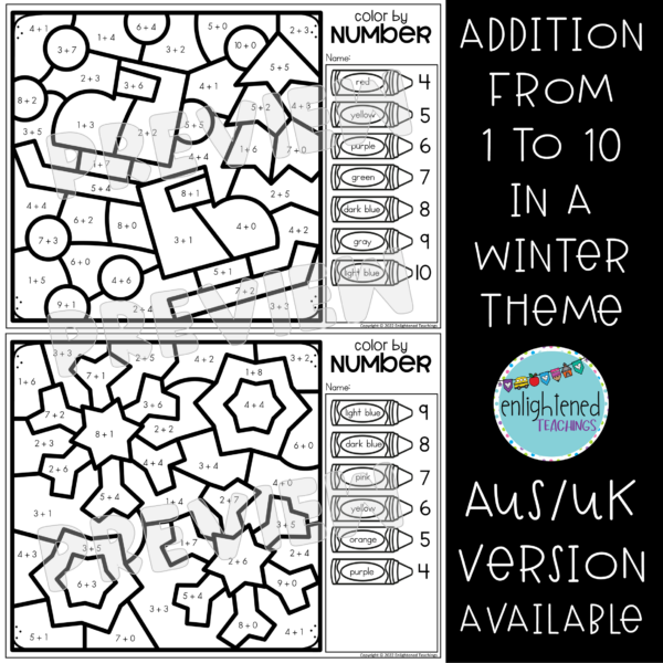 Winter Addition to 10 Color by Code Number NO PREP Coloring Worksheets ...