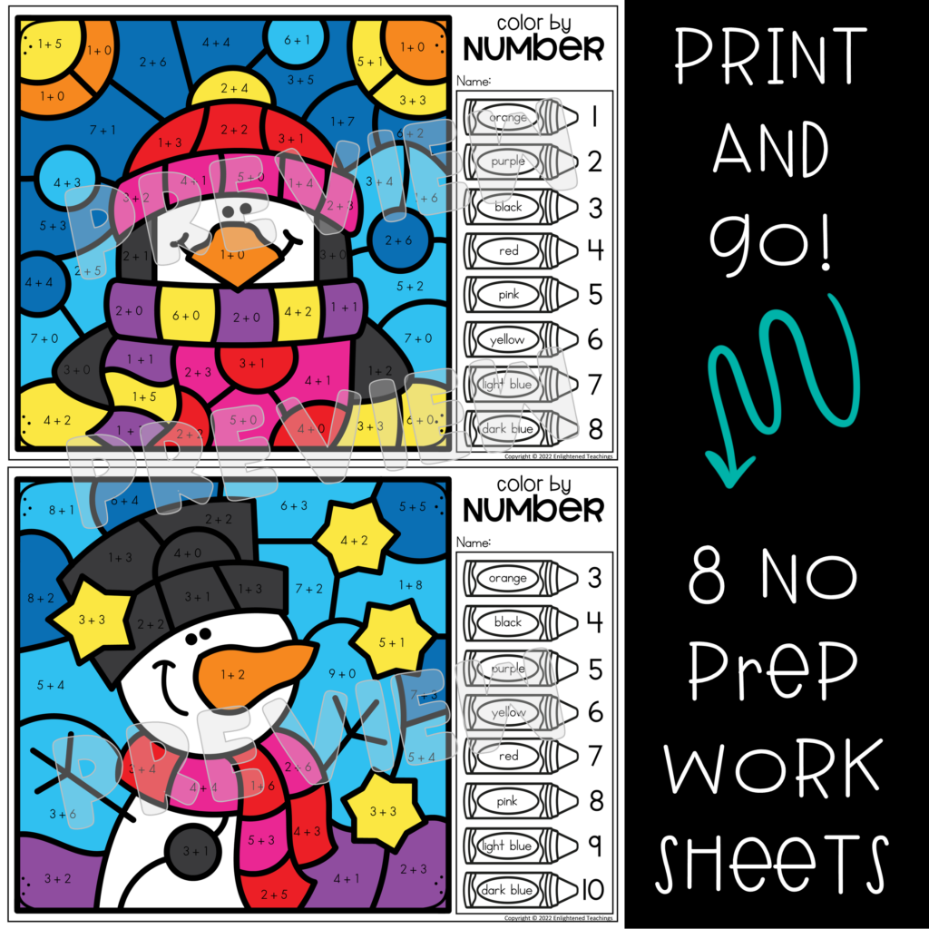 Winter Addition to 10 Color by Code Number NO PREP Coloring Worksheets ...