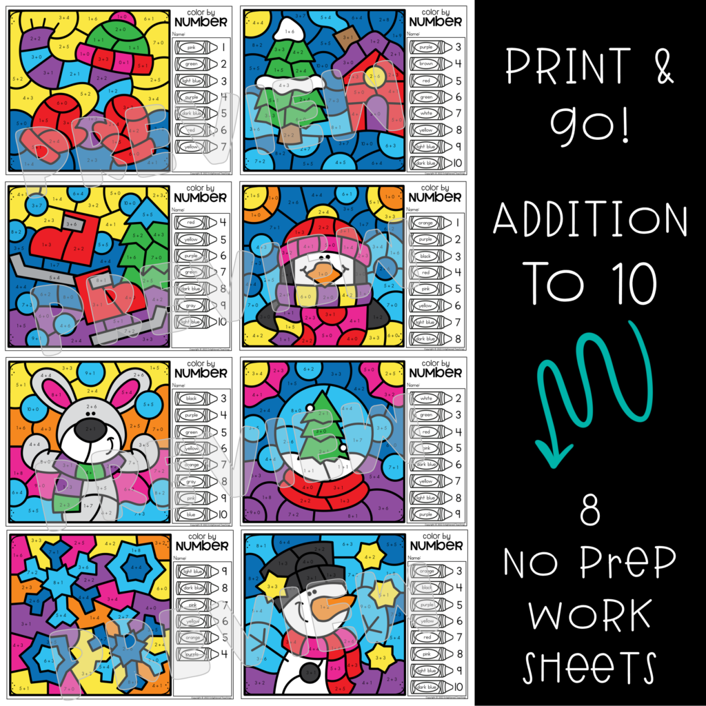 Winter Addition to 10 Color by Code Number NO PREP Coloring Worksheets ...