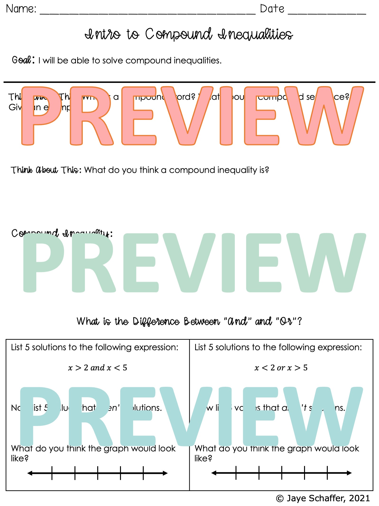 Algebra 1 Compound Inequalities Intro Guided Notes Made By Teachers