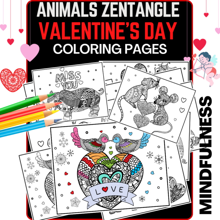 Valentine’s Day Animals Zentangle Coloring Sheets ,Mindfulness Stress ...