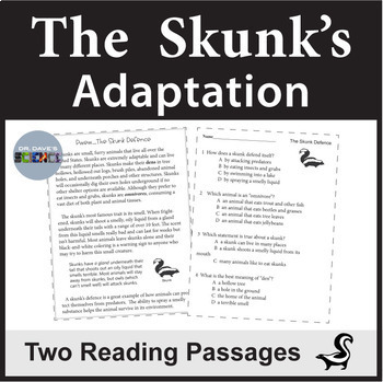 Animal Adaptations Skunk Science Reading Comprehension Passage | Made ...