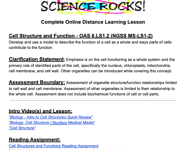 Complete Online Distance Learning Cell Structure & Function 6.LS1.2, MS ...