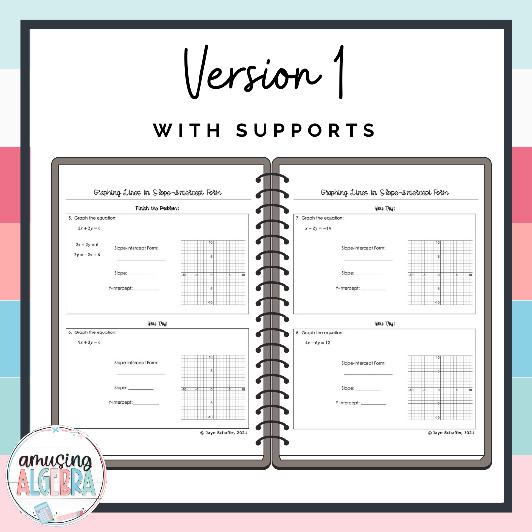Algebra 1 Graphing Lines in Slope Intercept Form Scaffolded Guided ...
