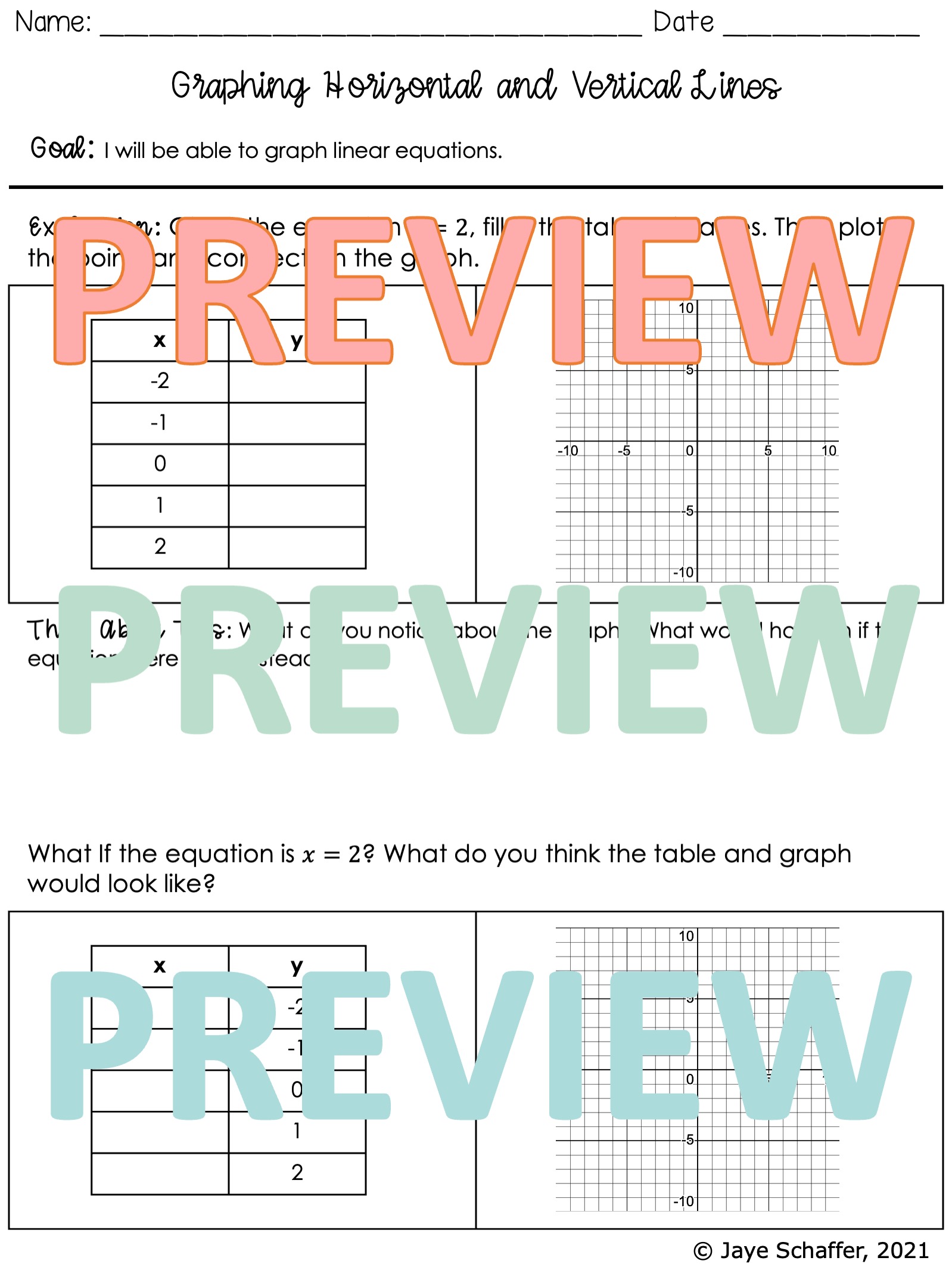 Algebra 1 Graphing Horizontal and Vertical Lines Guided Notes | Made By ...
