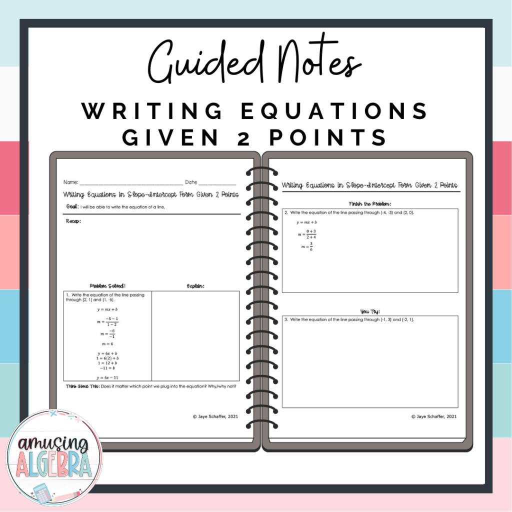 Algebra 1 Writing Linear Equations Given 2 Points Scaffolded Guided ...