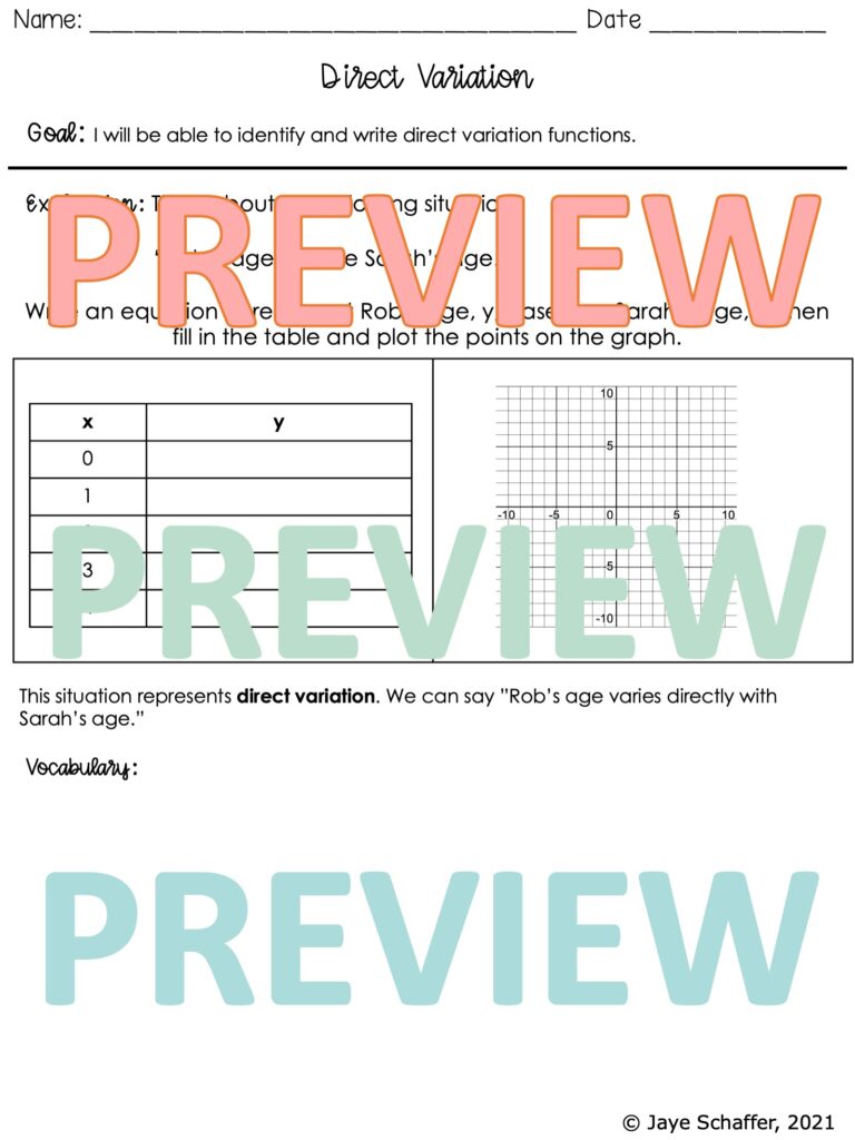Algebra 1 Direct Variation Guided Notes | Made By Teachers