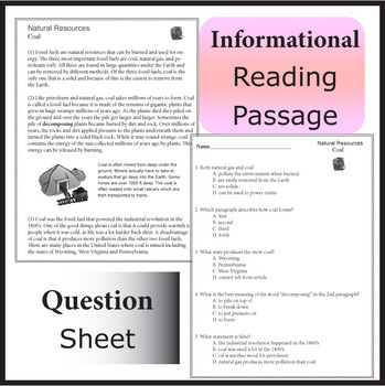 Natural Resources Coal Reading Comprehension Passage and Questions ...