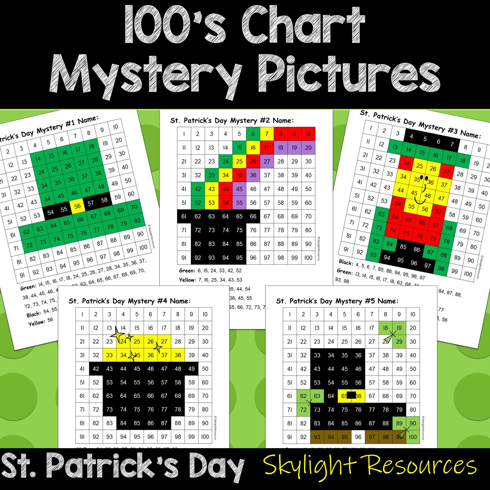 St. Patrick's Day 100's Chart Mystery Pictures | Math Numbers Practice ...