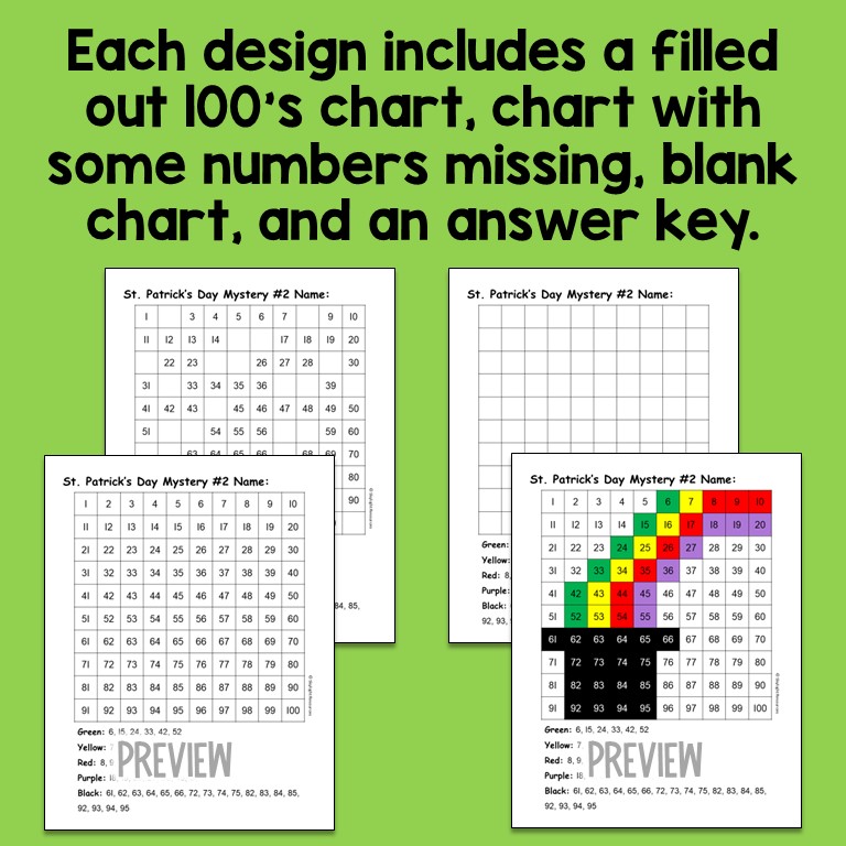 St. Patrick's Day 100's Chart Mystery Pictures | Math Numbers Practice ...