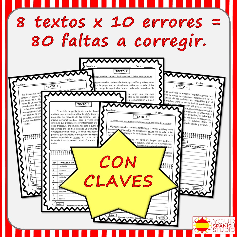 SPANISH SPELLING MISTAKES NO PREP ACTIVITIES ADVANCED 80 ERRORES EN ...