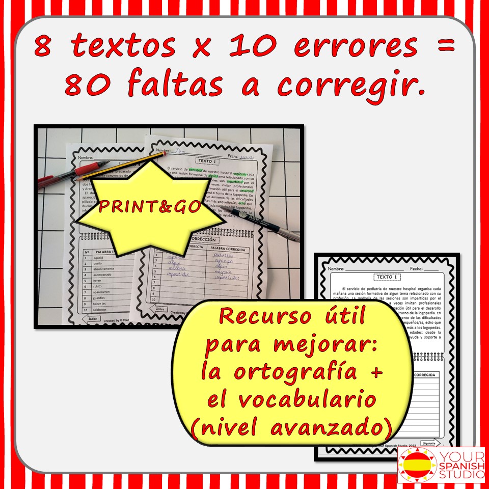 SPANISH SPELLING MISTAKES NO PREP ACTIVITIES ADVANCED 80 ERRORES EN ...