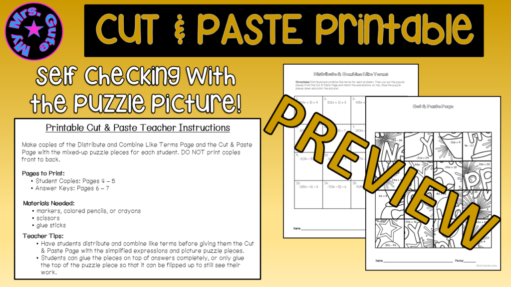 New Year’s Distribute & Combine Like Terms Math Cut and Paste Activity ...