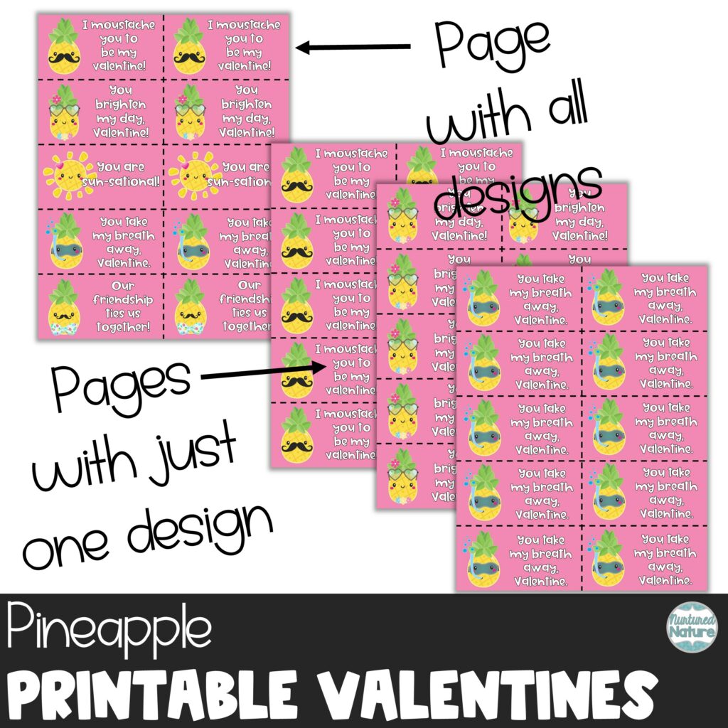 Pineapple Valentines Printable Cards for Students - Pink Fruit Theme ...