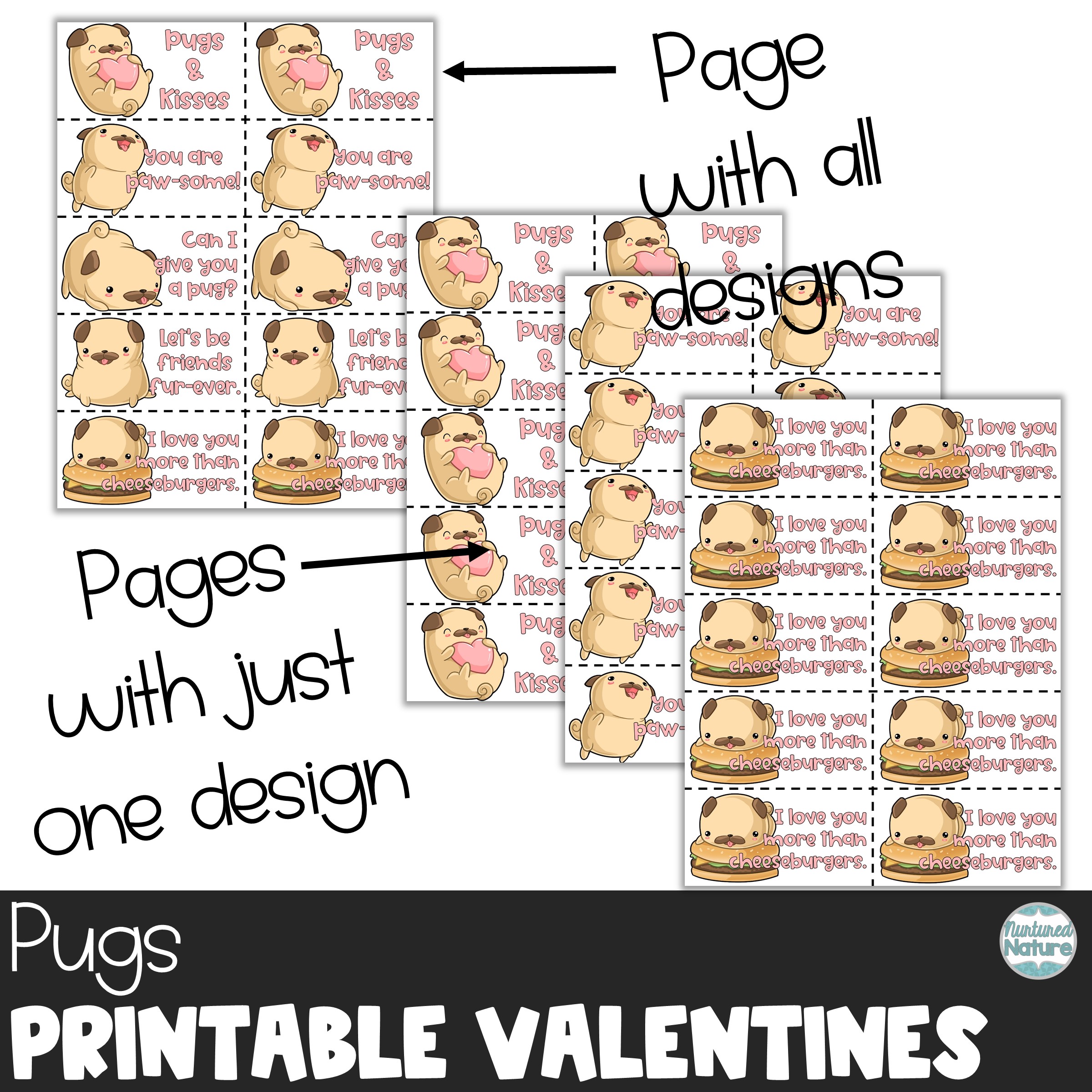 Pug Printable Valentines - Dog Valentine’s Day Cards for Students Class ...