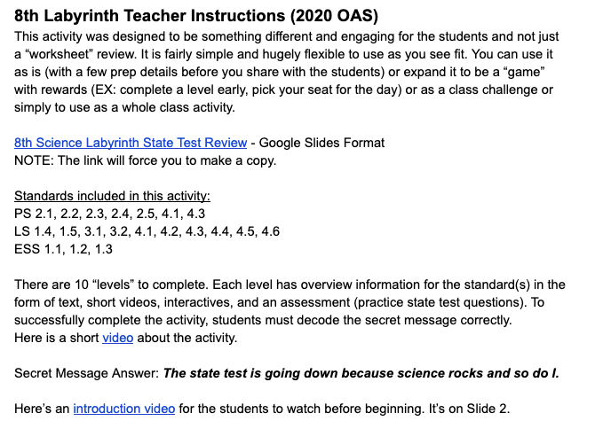 8th Science State Test Review (Oklahoma) - Labyrinth Challenge/Game ...