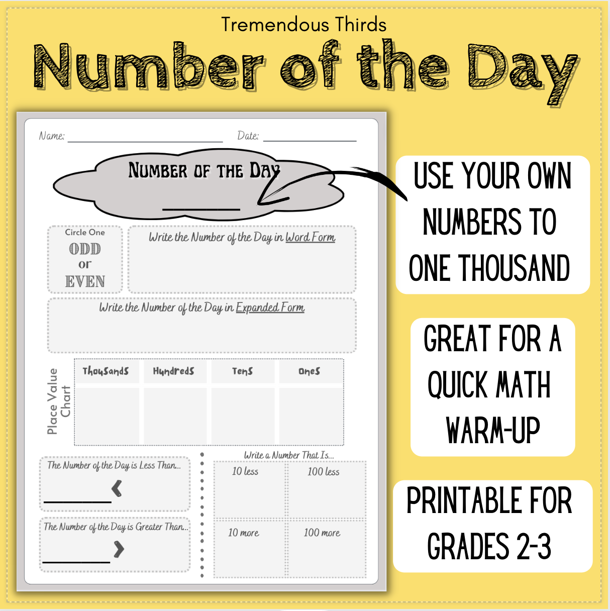 Printable Number of the Day Math Warm-Up Student Activity Grades 3-4 ...