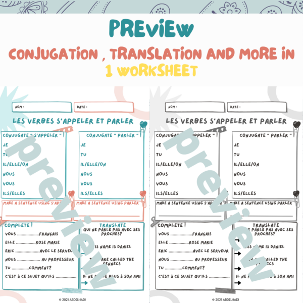 French Verb S'appeler and Parler Worksheet ( présent de l'indicatif ...