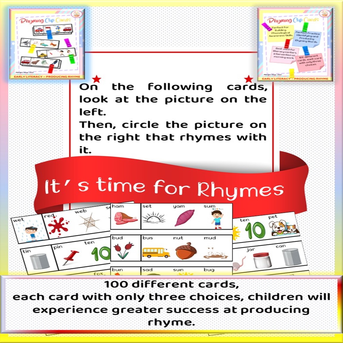 Rhyming Words! Rhyming Picture Cards Literacy Center Activity (100 ...