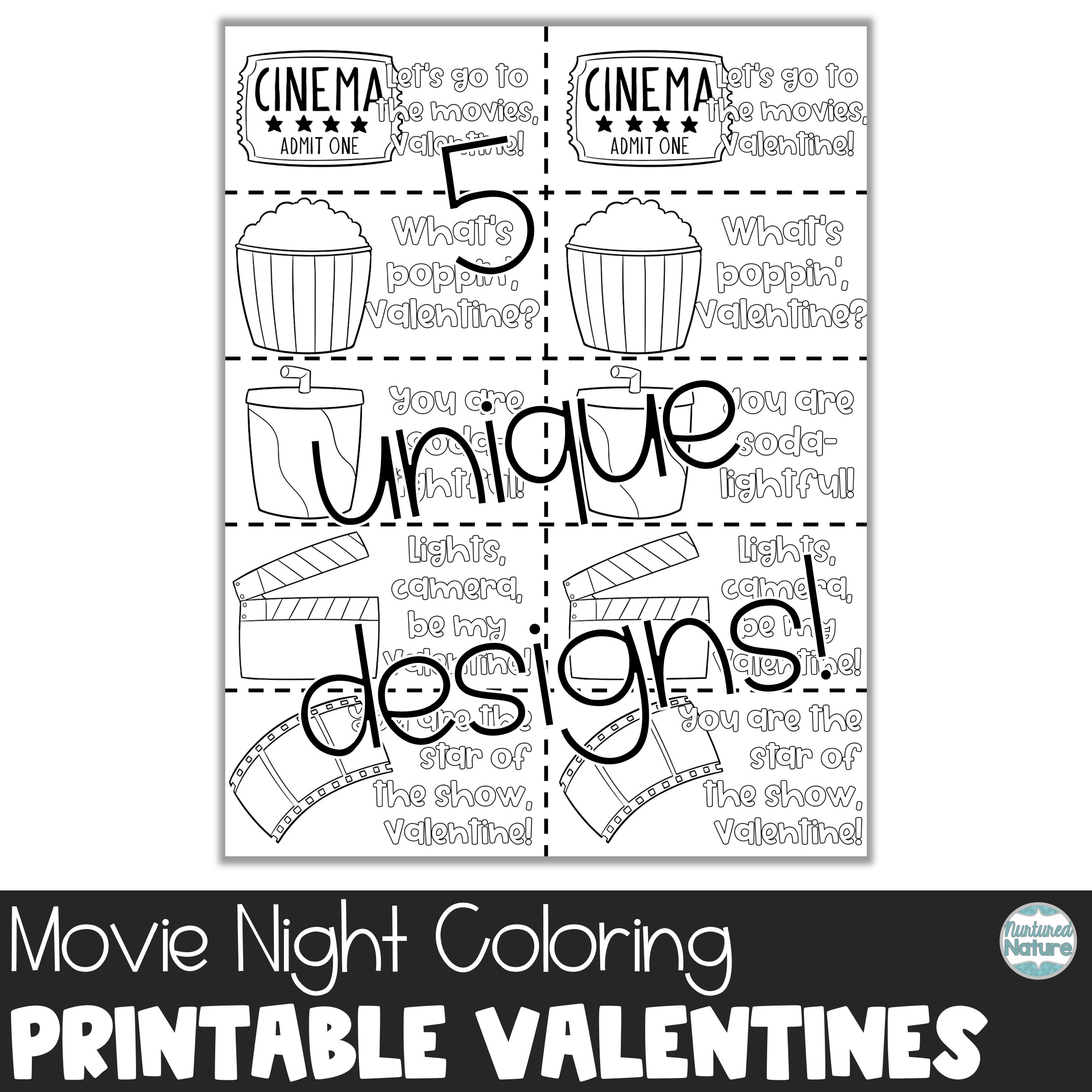 Movie Night Coloring Valentine’s Day Cards Printable | Made By Teachers