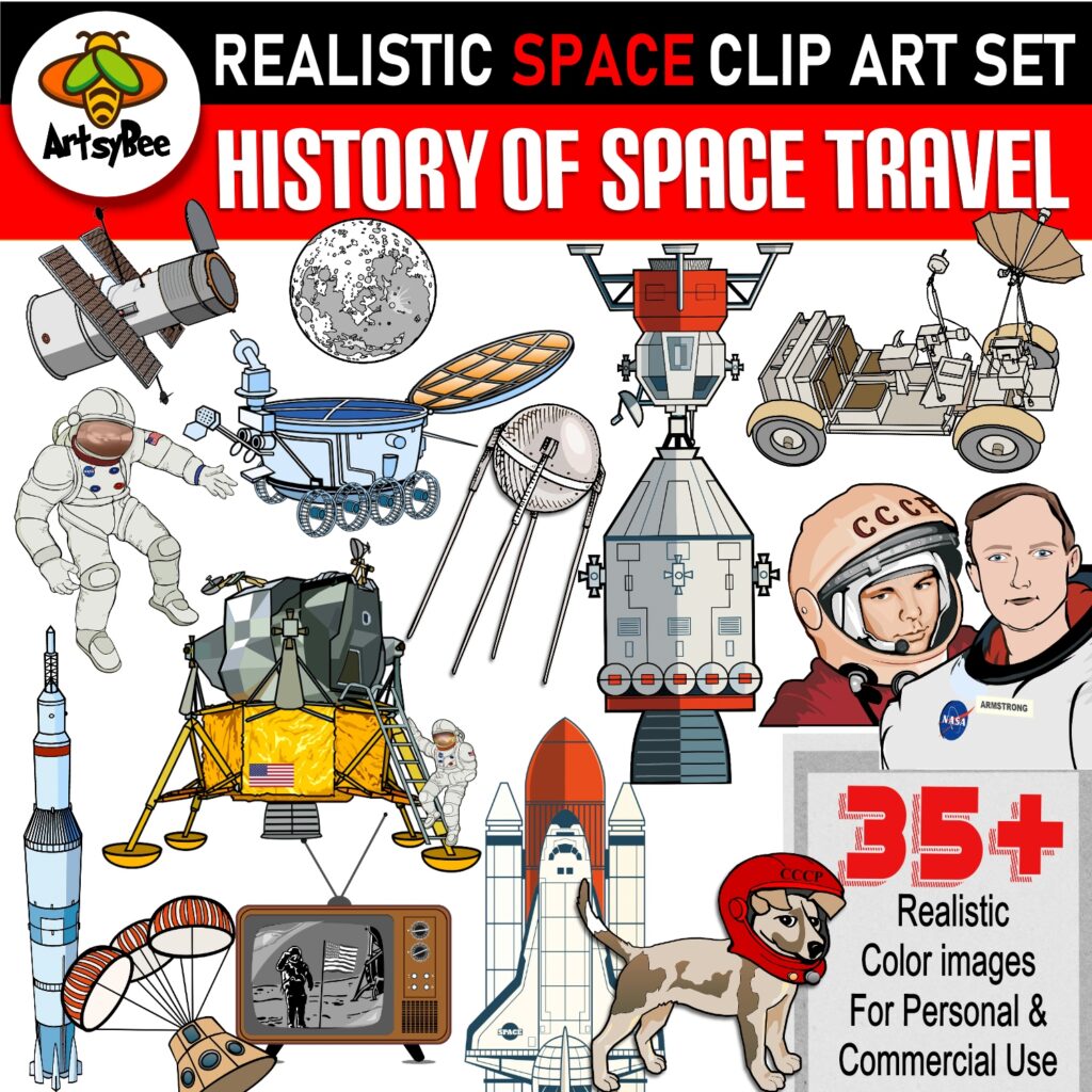 35+ History of Space Travel & Moon landing Realistic Color Clip art set ...