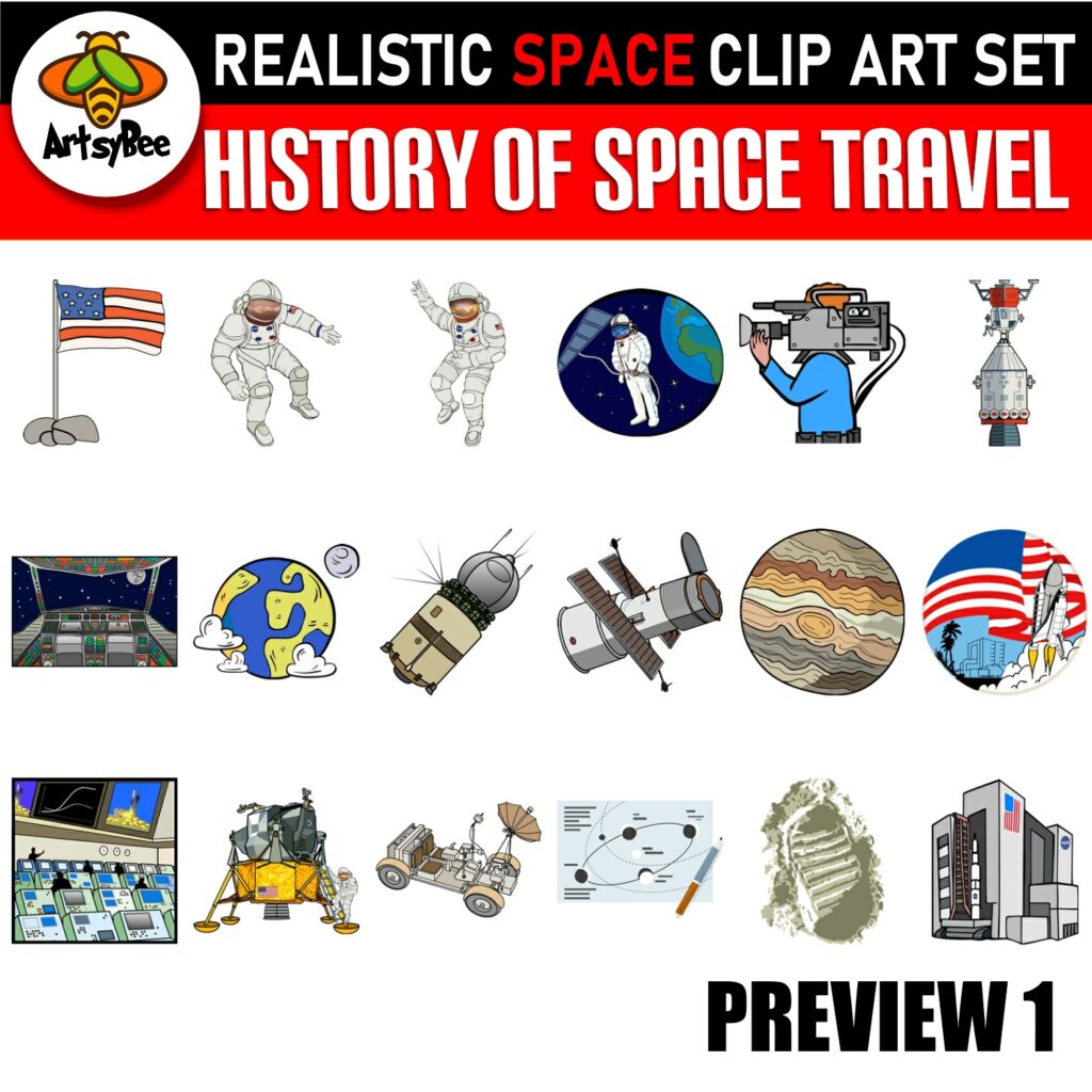 35+ History of Space Travel & Moon landing Realistic Color Clip art set ...