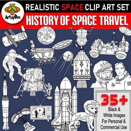 35+ History of Space Travel & Moon landing Realistic Color Clip art set ...