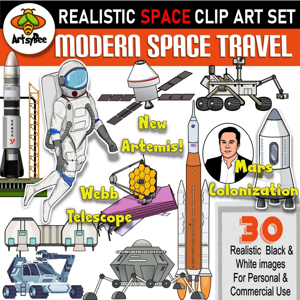 30 Modern Space Travel & Mars Colonization Realistic Color Clip art ...
