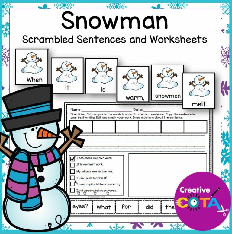 Snowman Writing Center Scrambled Sentence Building Cards and Worksheets ...
