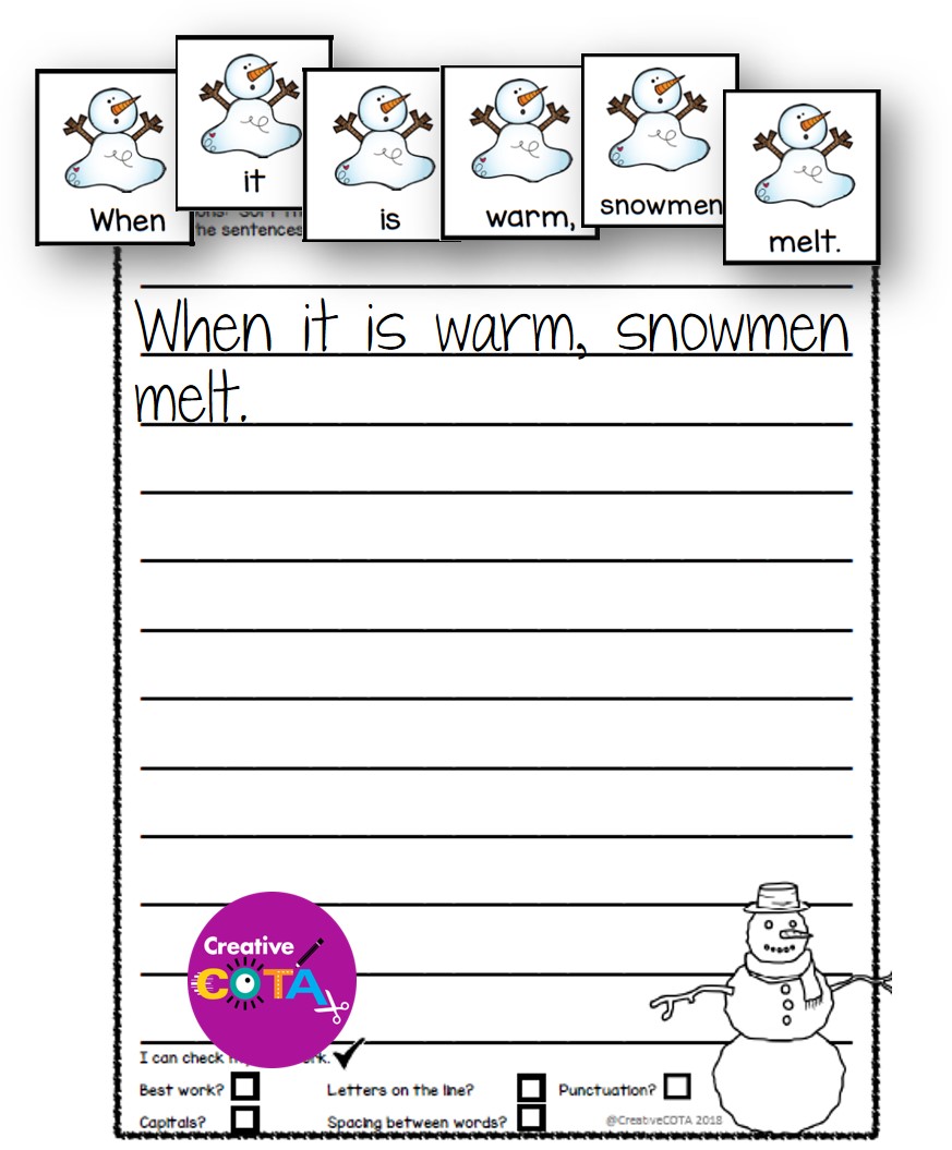 Snowman Writing Center Scrambled Sentence Building Cards and Worksheets ...