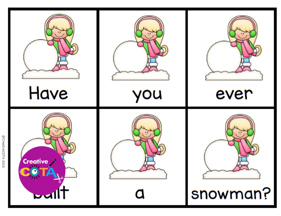 Snowman Writing Center Scrambled Sentence Building Cards and Worksheets ...