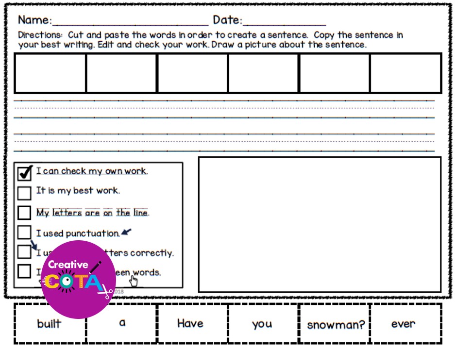 Snowman Writing Center Scrambled Sentence Building Cards and Worksheets ...