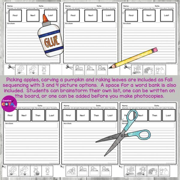 Story Sequence Writing Worksheets Cut and Paste Seasons | Made By Teachers