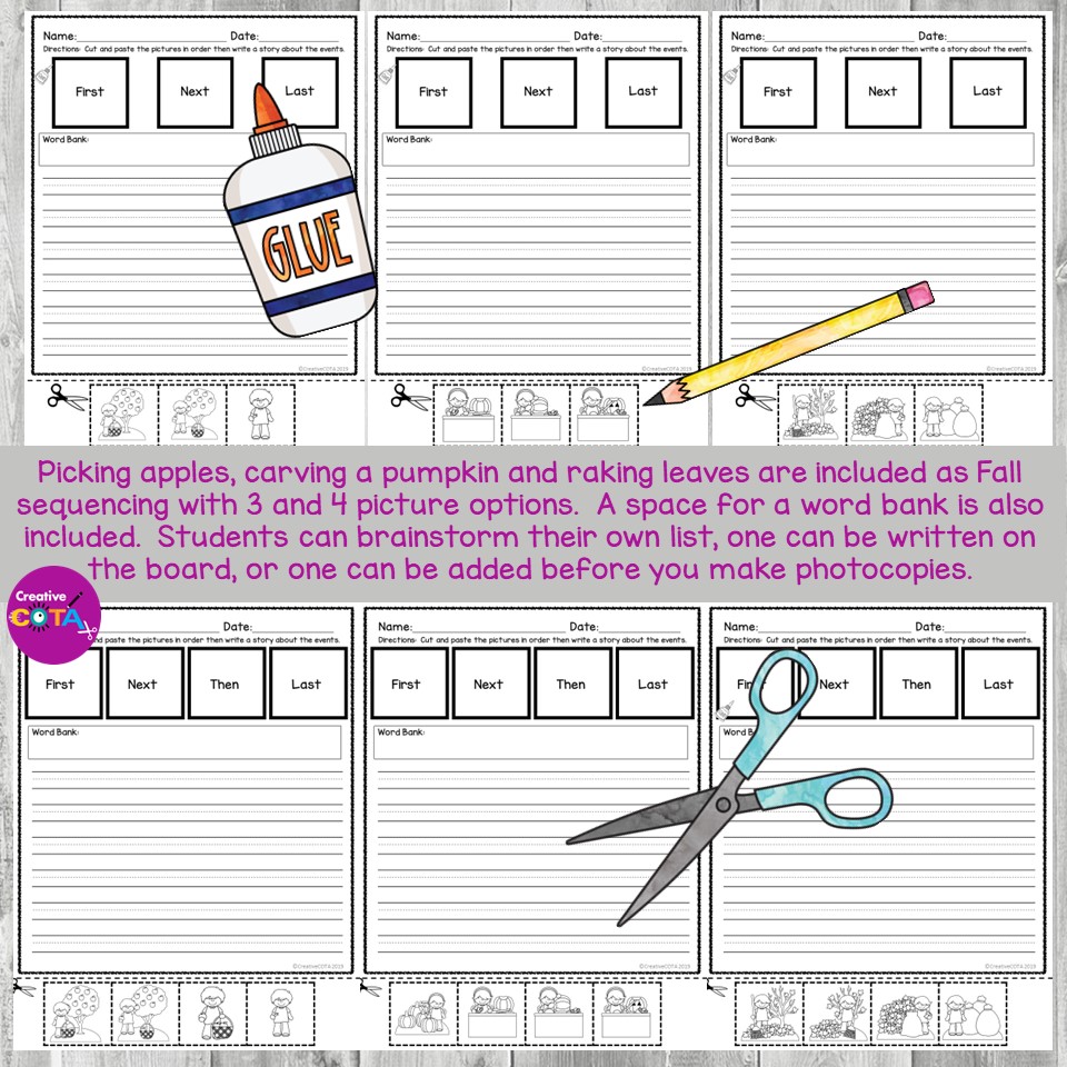 Story Sequence Writing Worksheets Cut and Paste Seasons | Made By Teachers