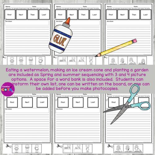 Story Sequence Writing Worksheets Cut and Paste Seasons | Made By Teachers