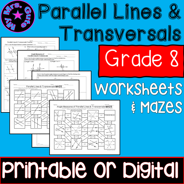 Parallel Lines and Transversals Angle Relationships Math Worksheets and ...