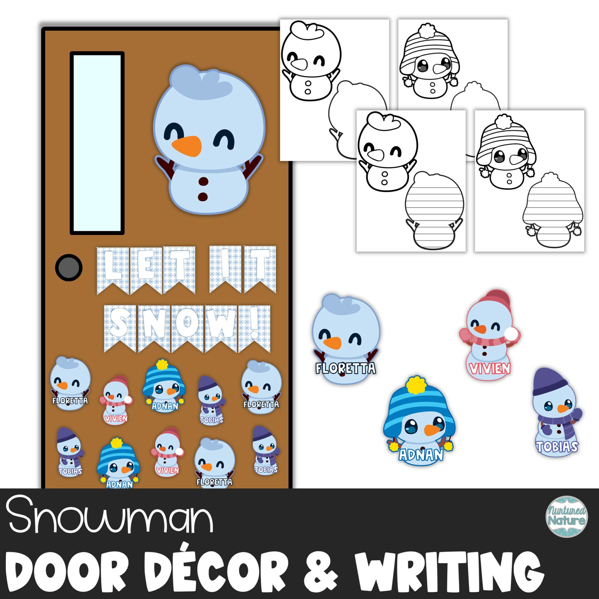 Snowman Door Decoration Kit with Editable Name Tag Labels and Writing ...