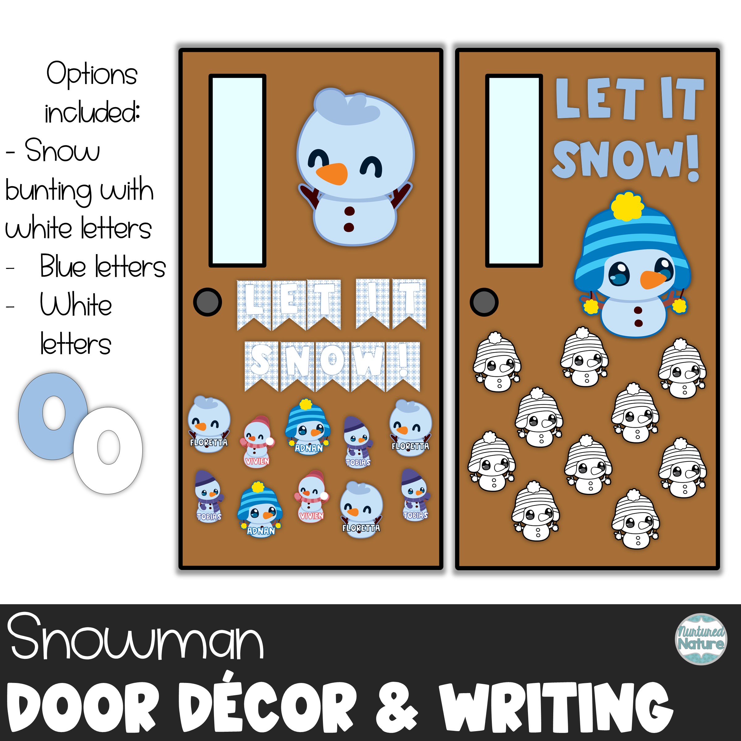 Snowman Door Decoration Kit with Editable Name Tag Labels and Writing ...