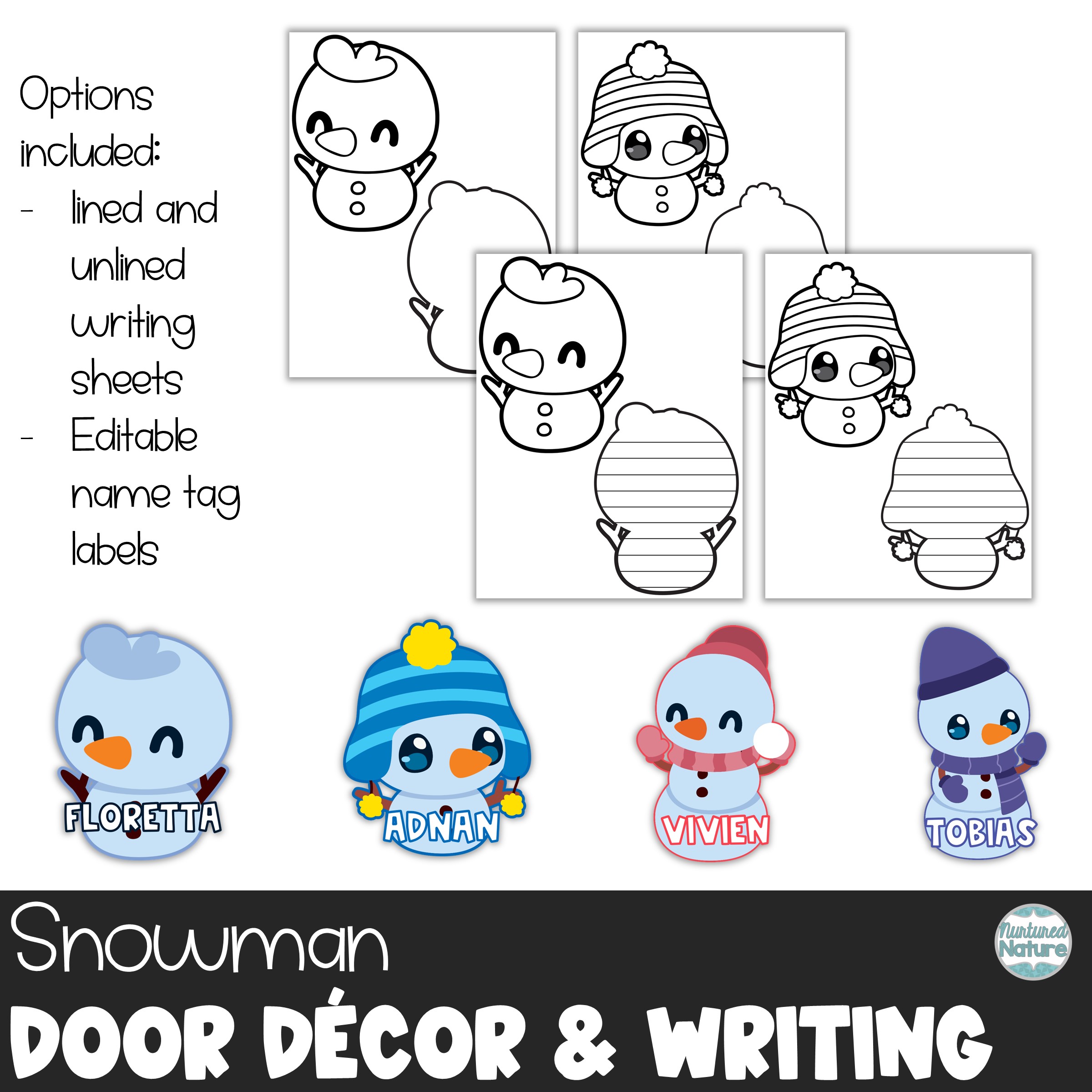 Snowman Door Decoration Kit with Editable Name Tag Labels and Writing ...