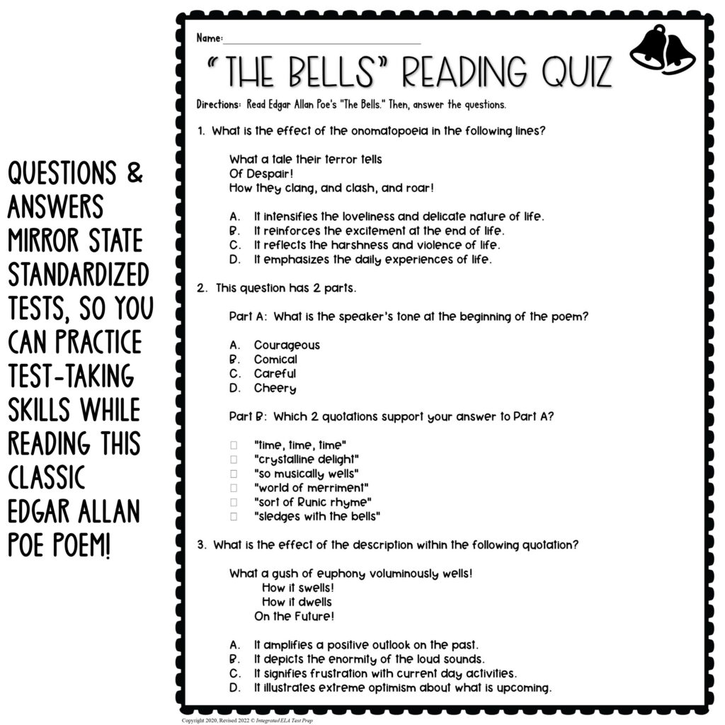The Bells Quiz Poetry Comprehension Test Prep Pack Edgar Allan Poe PDF ...
