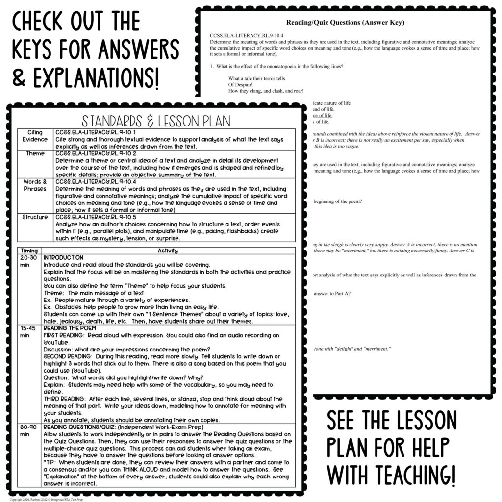 The Bells Quiz Poetry Comprehension Test Prep Pack Edgar Allan Poe PDF ...