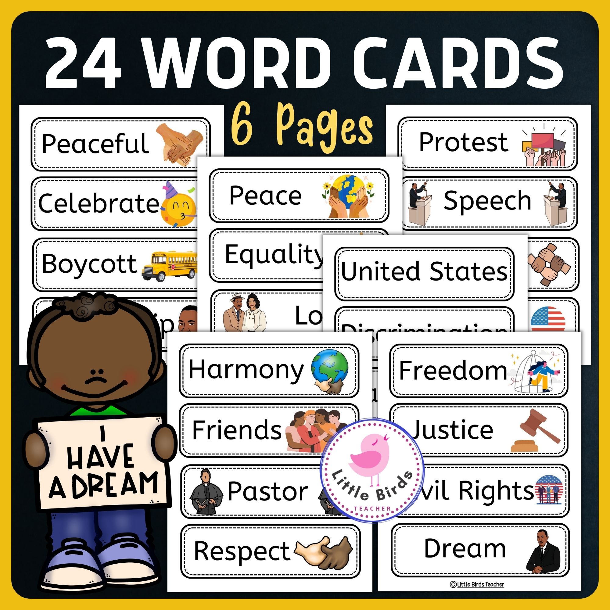 Martin Luther King JR Word Cards | MLK JR Day Flashcards | Made By Teachers