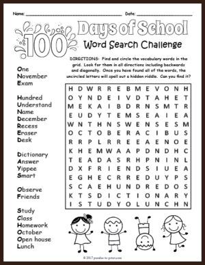 100 DAYS OF SCHOOL Word Search Puzzle Worksheet Activity | Made By Teachers