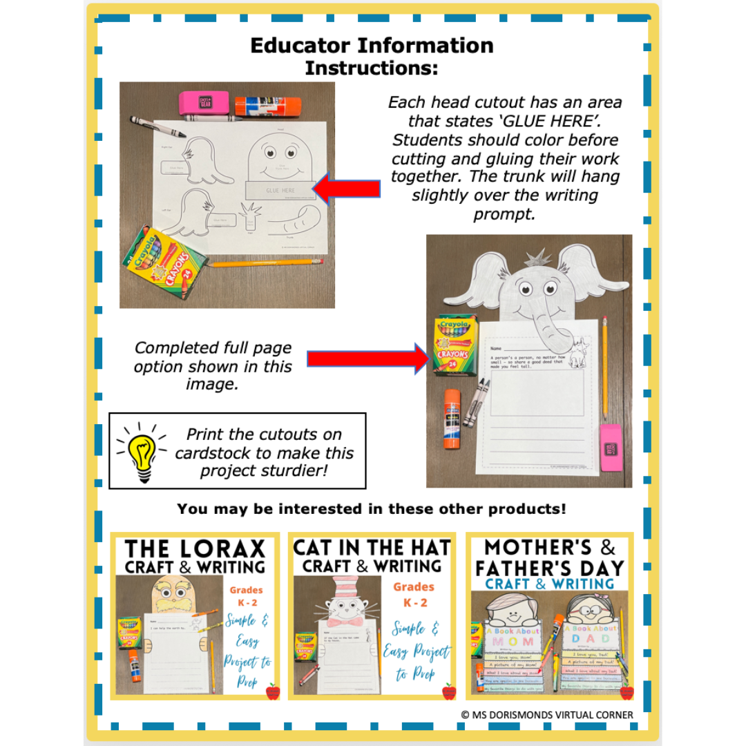 Horton Hears a Who (Inspired) Art Craft and Writing Activity ( K-2 ...
