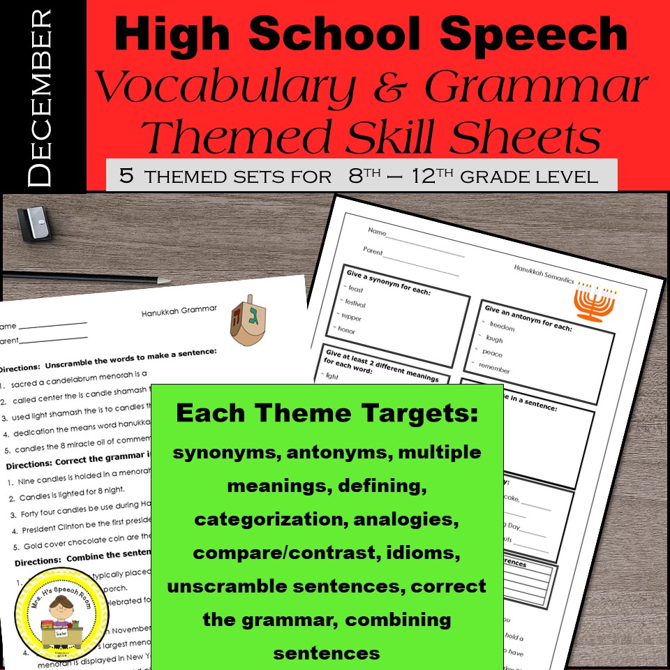 High School Speech Therapy Vocabulary and Grammar Skill Sheets ...